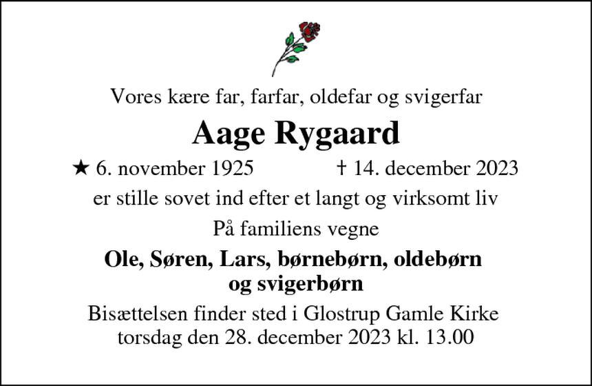 Dødsannonce – Aage Rygaard - Kongens Lyngby | Dødsannoncer.dk