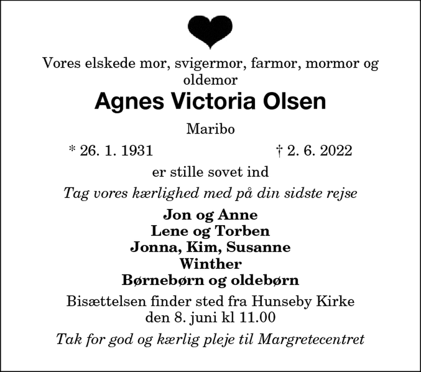 Dødsannonce – Agnes Victoria Olsen - Maribo | Dødsannoncer.dk