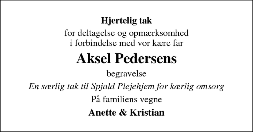 Dødsannonce – Aksel Pedersens - Ringkøbing | Dødsannoncer.dk