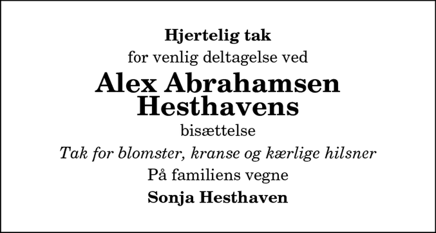 Dødsannonce – Alex Abrahamsen Hesthaven - Jerup | Dødsannoncer.dk