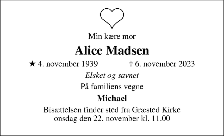 Dødsannonce – Alice Madsen - Græsted | Dødsannoncer.dk