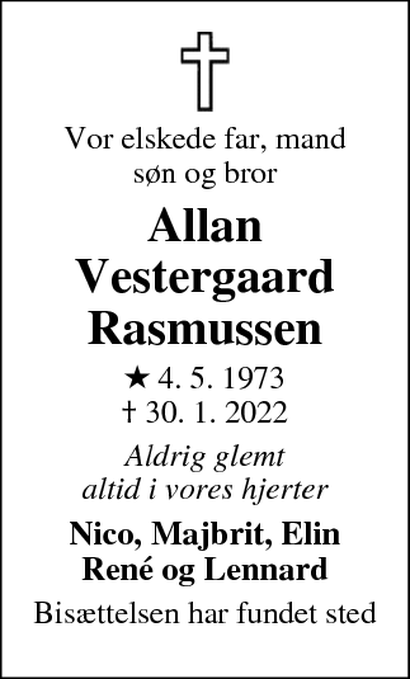 Dødsannonce – Allan Vestergaard Rasmussen - Tørring | Dødsannoncer.dk