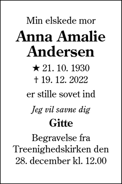 Dødsannonce – Anna Amalie Andersen - Esbjerg | Dødsannoncer.dk