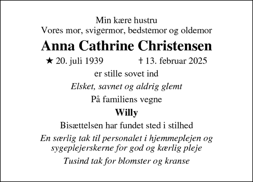Dødsannonce – Anna Cathrine Christensen - Kliplev | Dødsannoncer.dk