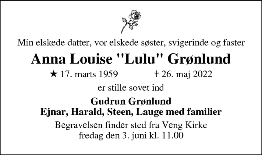 Dødsannonce – Anna Louise "Lulu" Grønlund - Allingåbro | Dødsannoncer.dk