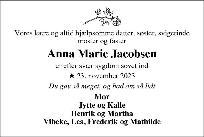 Dødsannonce – Anna Marie Jacobsen - Hvide Sande | Dødsannoncer.dk
