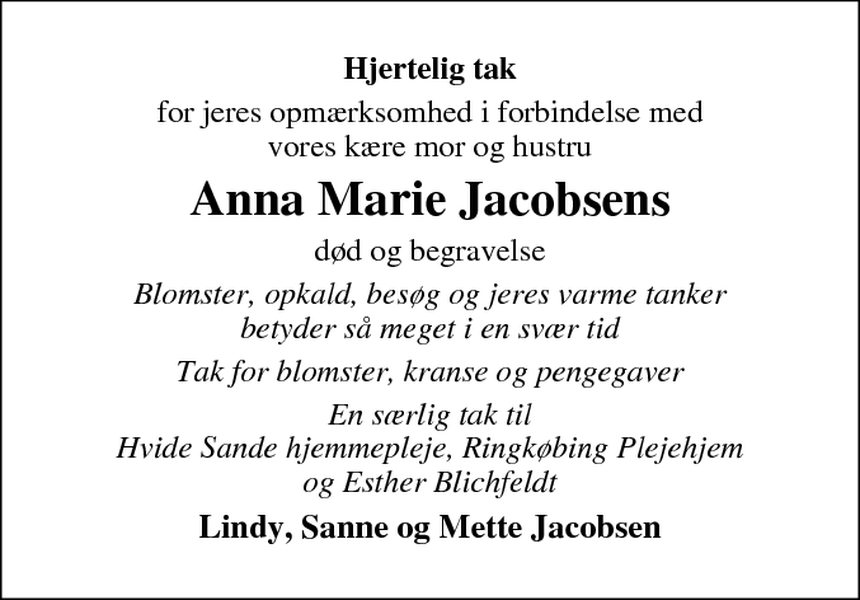 Dødsannonce – Anna Marie Jacobsen - Hvide Sande | Dødsannoncer.dk