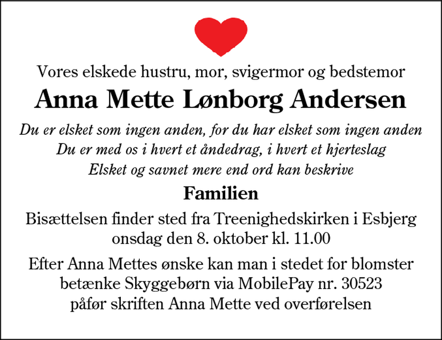 Dødsannonce – Anna Mette Lønborg Andersen - Esbjerg | Dødsannoncer.dk
