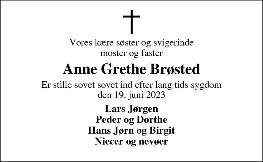 Dødsannonce – Anne Grethe Brøsted - Bording | Dødsannoncer.dk