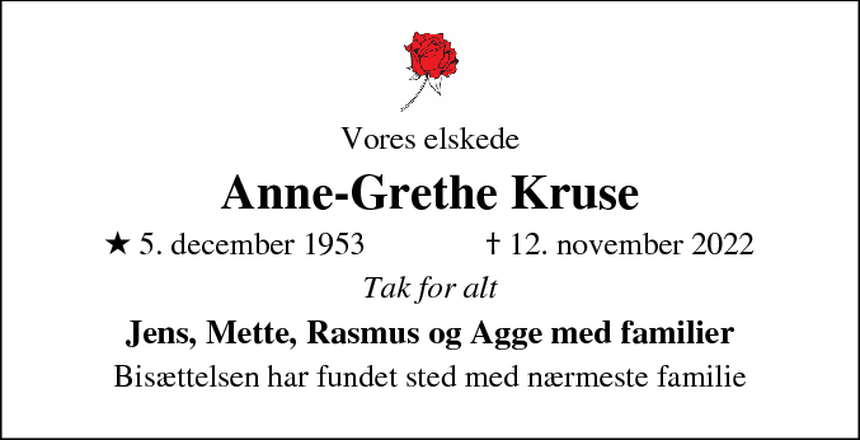 Dødsannonce – Anne-Grethe Kruse - Præstø | Dødsannoncer.dk