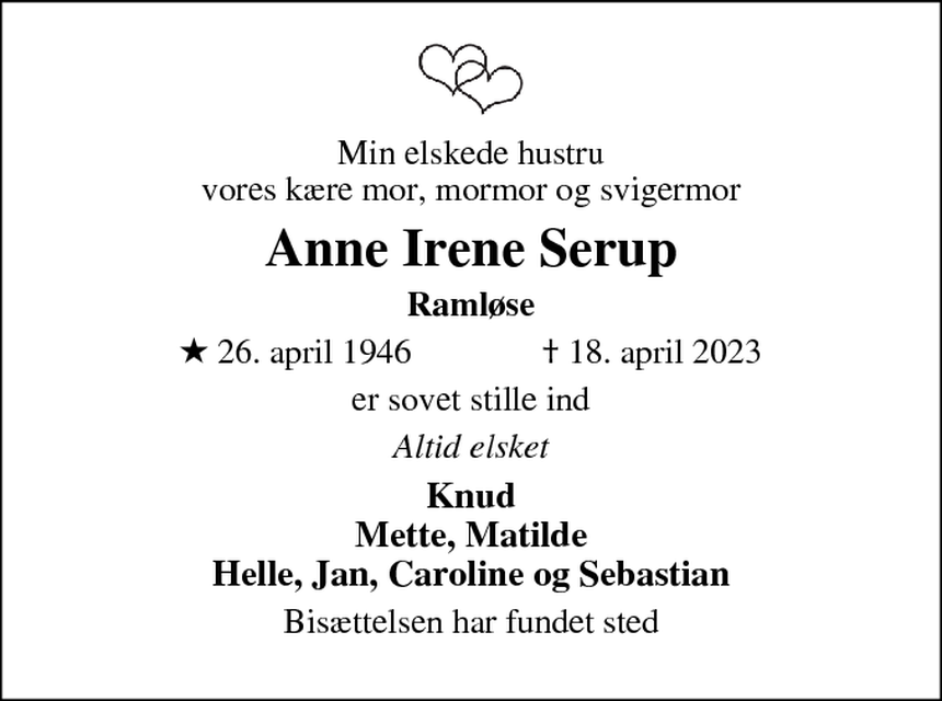 Dødsannonce – Anne Irene Serup - Helsinge | Dødsannoncer.dk