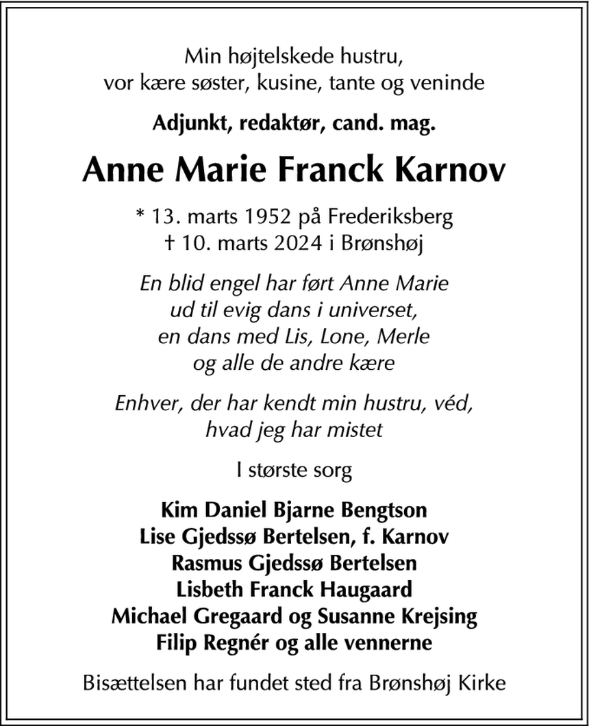Dødsannonce – Anne Marie Franck Karnov - 2700 Brønshøj | Dødsannoncer.dk
