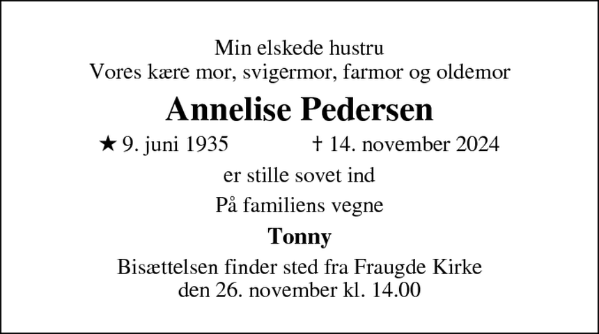 Dødsannonce – Annelise Pedersen - fraugde | Dødsannoncer.dk