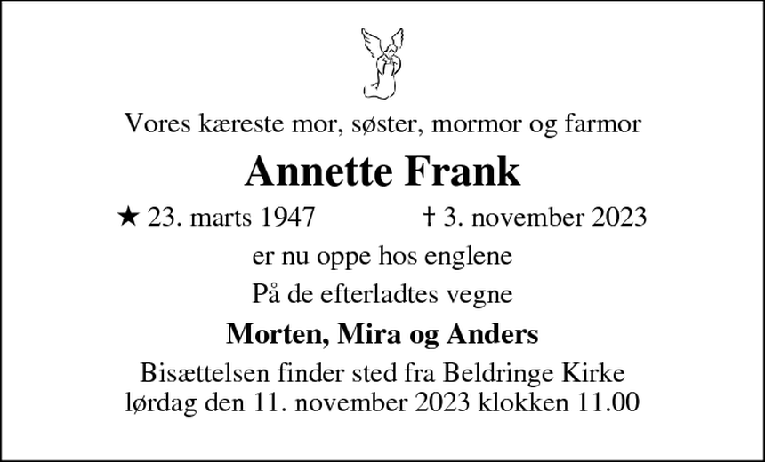 Dødsannonce – Annette Frank - Præstø | Dødsannoncer.dk