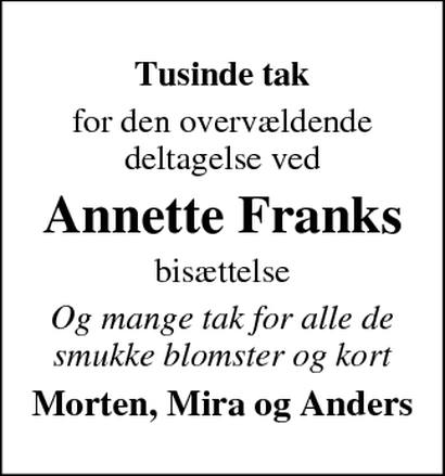 Dødsannonce – Annette Frank - Præstø | Dødsannoncer.dk