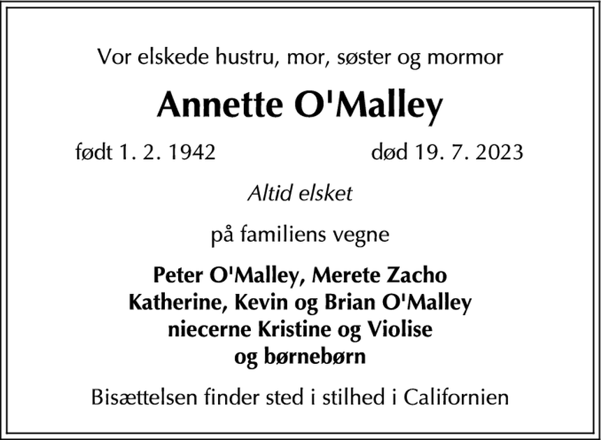 Dødsannonce – Annette O'Malley - København K | Dødsannoncer.dk