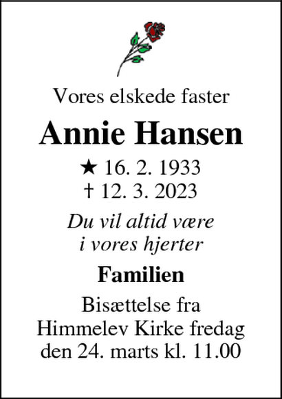Dødsannonce – Annie Hansen - Roskilde | Dødsannoncer.dk