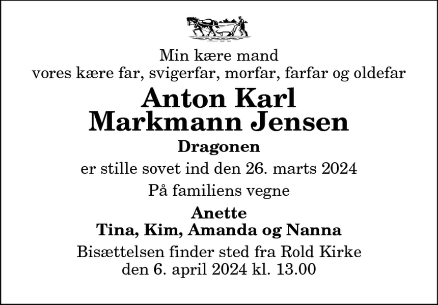 Dødsannonce – Anton Karl Markmann Jensen - Arden | Dødsannoncer.dk
