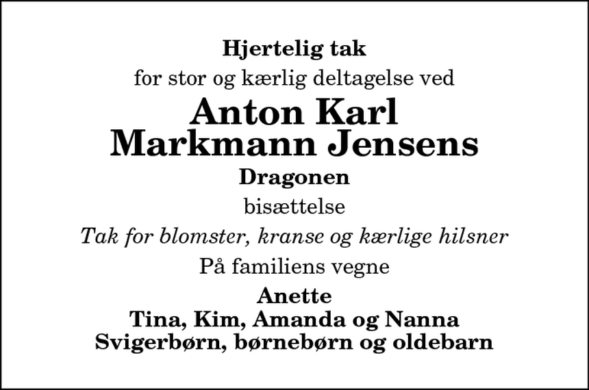 Dødsannonce – Anton Karl Markmann Jensen - 9510 Arden | Dødsannoncer.dk