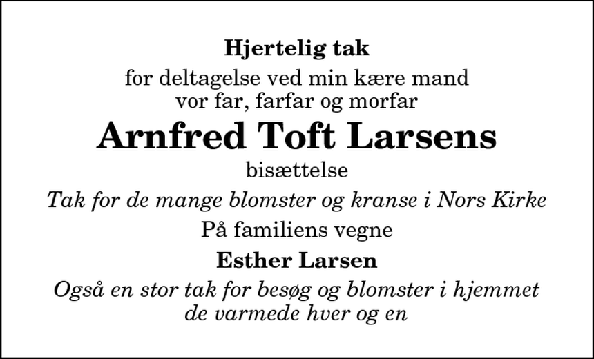 Dødsannonce – Arnfred Toft Larsen - Nors | Dødsannoncer.dk
