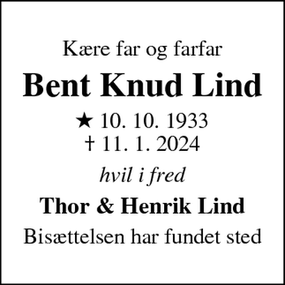 Dødsannonce – Bent Knud Lind - Glostrup | Dødsannoncer.dk