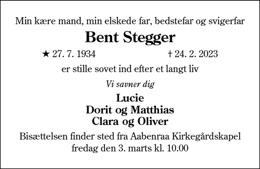 Dødsannonce – Bent Stegger - Aabenraa | Dødsannoncer.dk