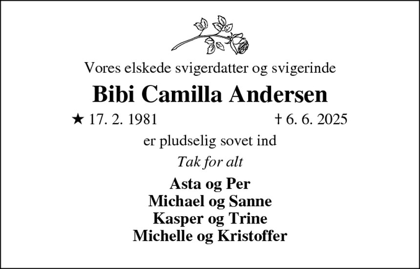 Dødsannonce – Bibi Camilla Andersen - Rødding Spøttrup | Dødsannoncer.dk