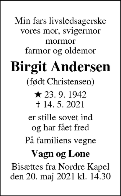 Dødsannonce – Birgit Andersen - Randers C | Dødsannoncer.dk