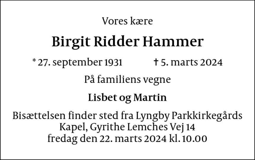 Dødsannonce – Birgit Ridder Hammer - København | Dødsannoncer.dk