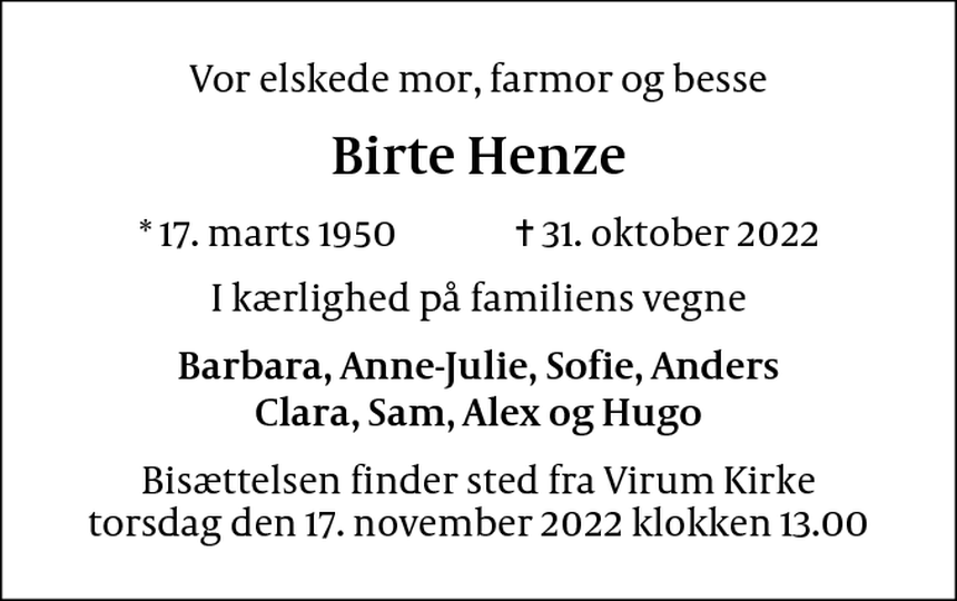 Dødsannonce – Birte Henze - Virum | Dødsannoncer.dk