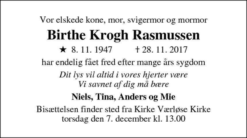 Dødsannonce – Birthe Krogh Rasmussen - Værløse | Dødsannoncer.dk