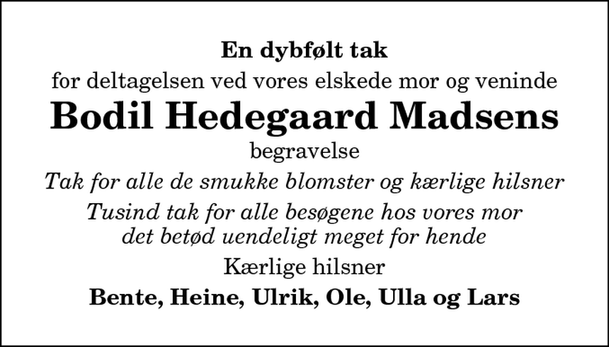 Dødsannonce – Bodil Hedegaard Madsen - Thisted | Dødsannoncer.dk
