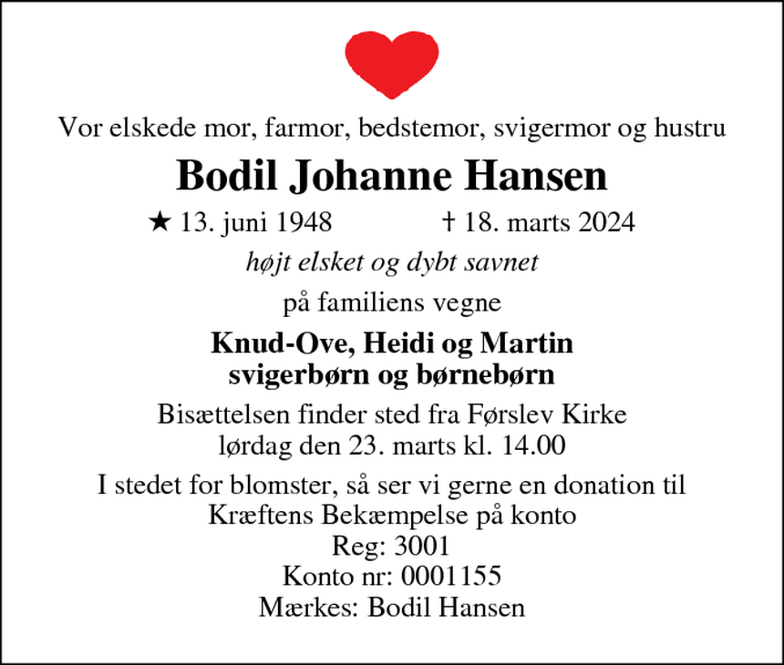 Dødsannonce – Bodil Johanne Hansen - Arløse | Dødsannoncer.dk