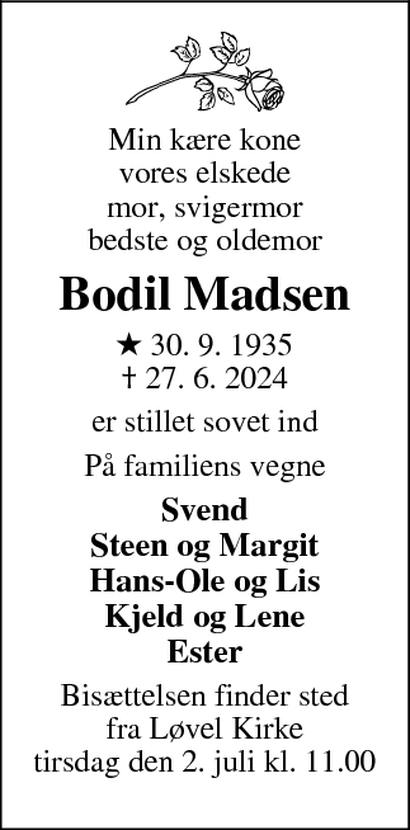 Dødsannonce – Bodil Madsen - TJELE | Dødsannoncer.dk