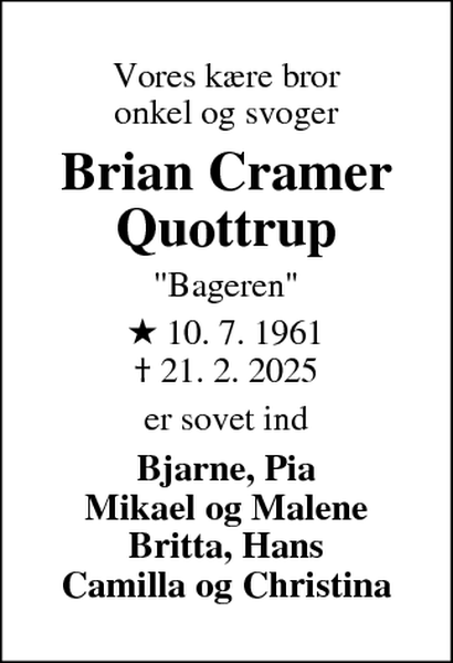 Dødsannonce – Brian Cramer Quottrup - Lynge | Dødsannoncer.dk