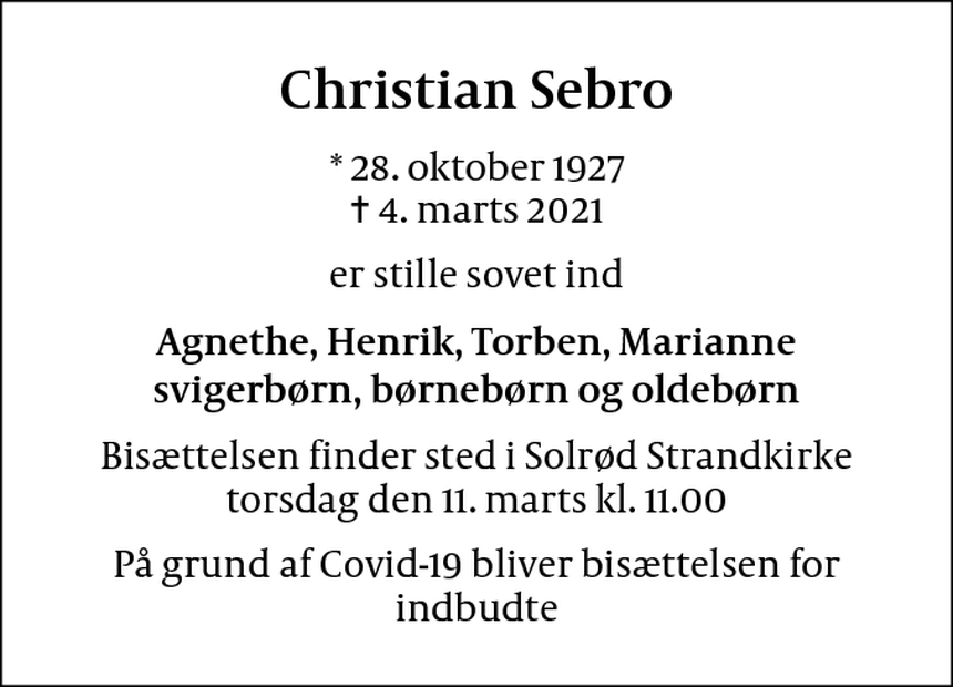 Dødsannonce – Christian Sebro - Havdrup | Dødsannoncer.dk