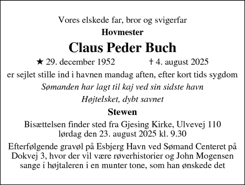 Dødsannonce – Claus Peder Buch - Esbjerg | Dødsannoncer.dk