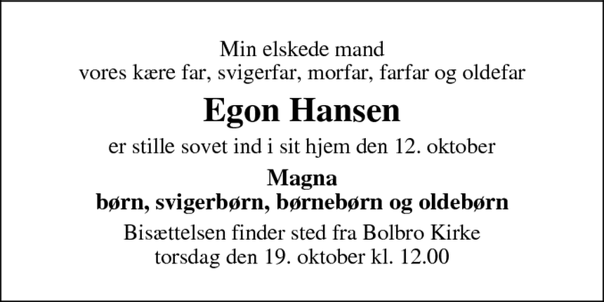 Dødsannonce – Egon Hansen - Odense | Dødsannoncer.dk