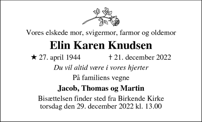 Dødsannonce – Elin Karen Knudsen - Langeskov | Dødsannoncer.dk