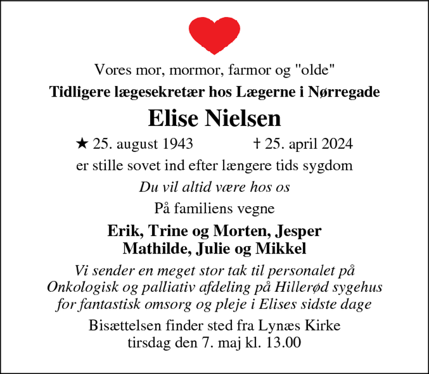 Dødsannonce – Elise Nielsen - Hundested | Dødsannoncer.dk