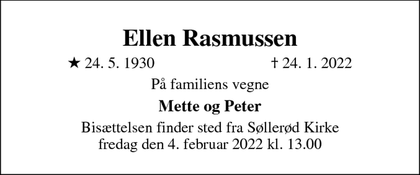 Dødsannonce – Ellen Rasmussen - Søllerød | Dødsannoncer.dk