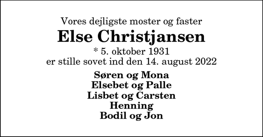 Dødsannonce – Else Christjansen - Hirtshals | Dødsannoncer.dk