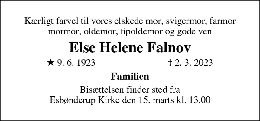 Dødsannonce – Else Helene Falnov - Gilleleje | Dødsannoncer.dk