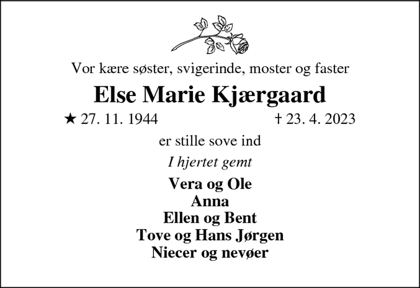 Dødsannonce – Else Marie Kjærgaard - Nykøbing M. | Dødsannoncer.dk