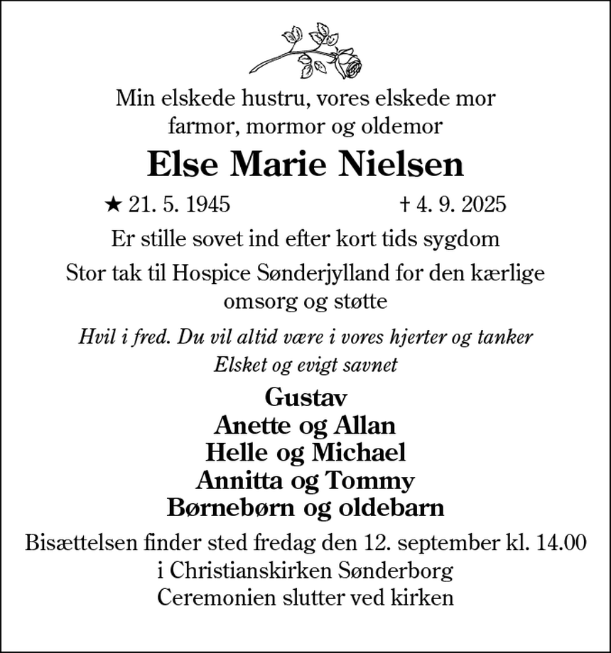 Dødsannonce – Else Marie Nielsen - Aabenraa | Dødsannoncer.dk