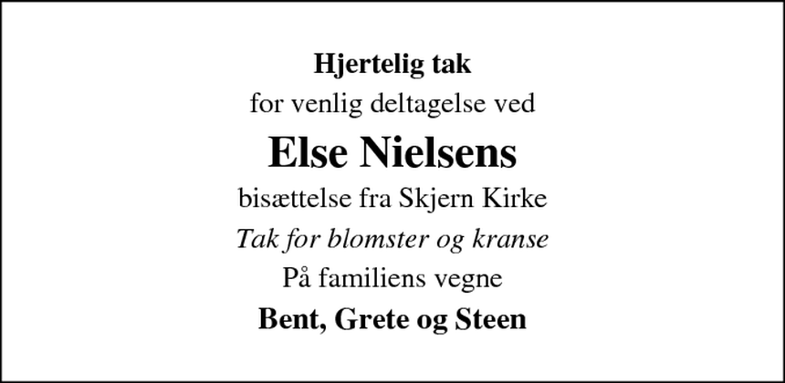 Dødsannonce – Else Nielsen - Bølling, Skjern | Dødsannoncer.dk