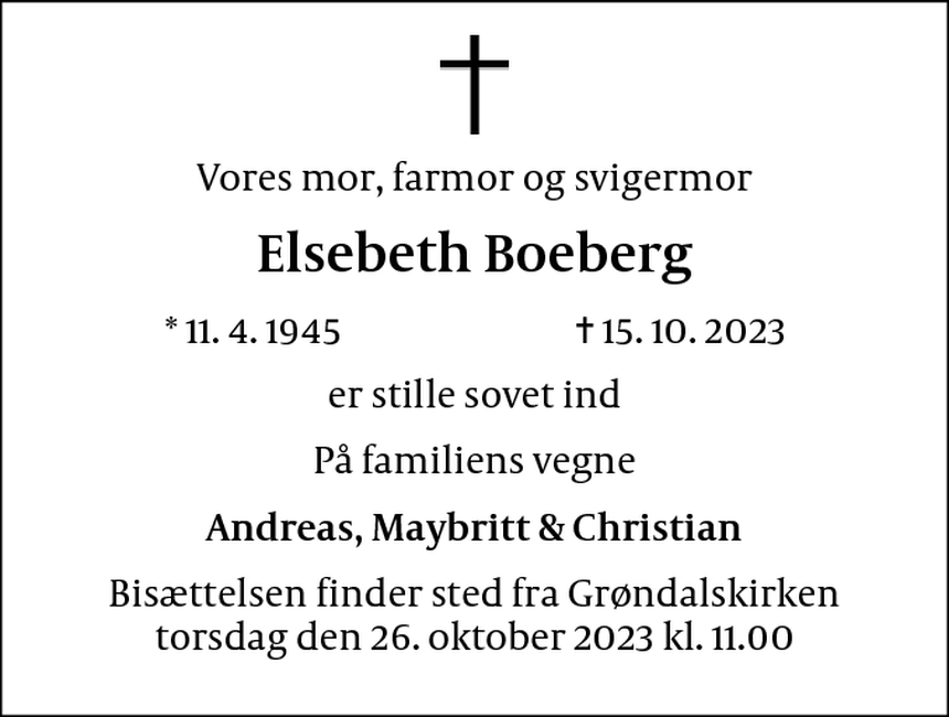 Dødsannonce – Elsebeth Boeberg - Roskilde | Dødsannoncer.dk
