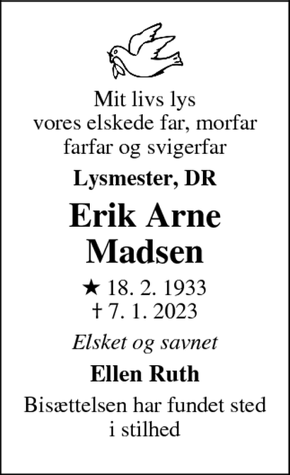 Dødsannonce – Erik Arne Madsen - Frederiksberg | Dødsannoncer.dk