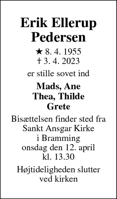 Dødsannonce – Erik Ellerup Pedersen - Bramming | Dødsannoncer.dk
