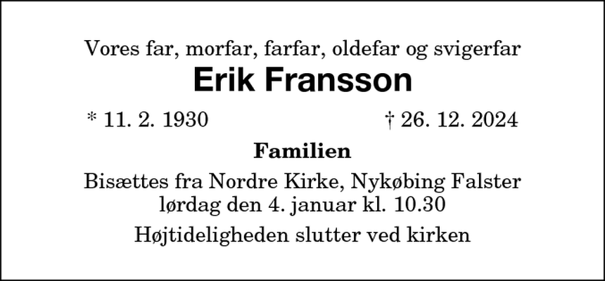 Dødsannonce – Erik Fransson - Holte | Dødsannoncer.dk